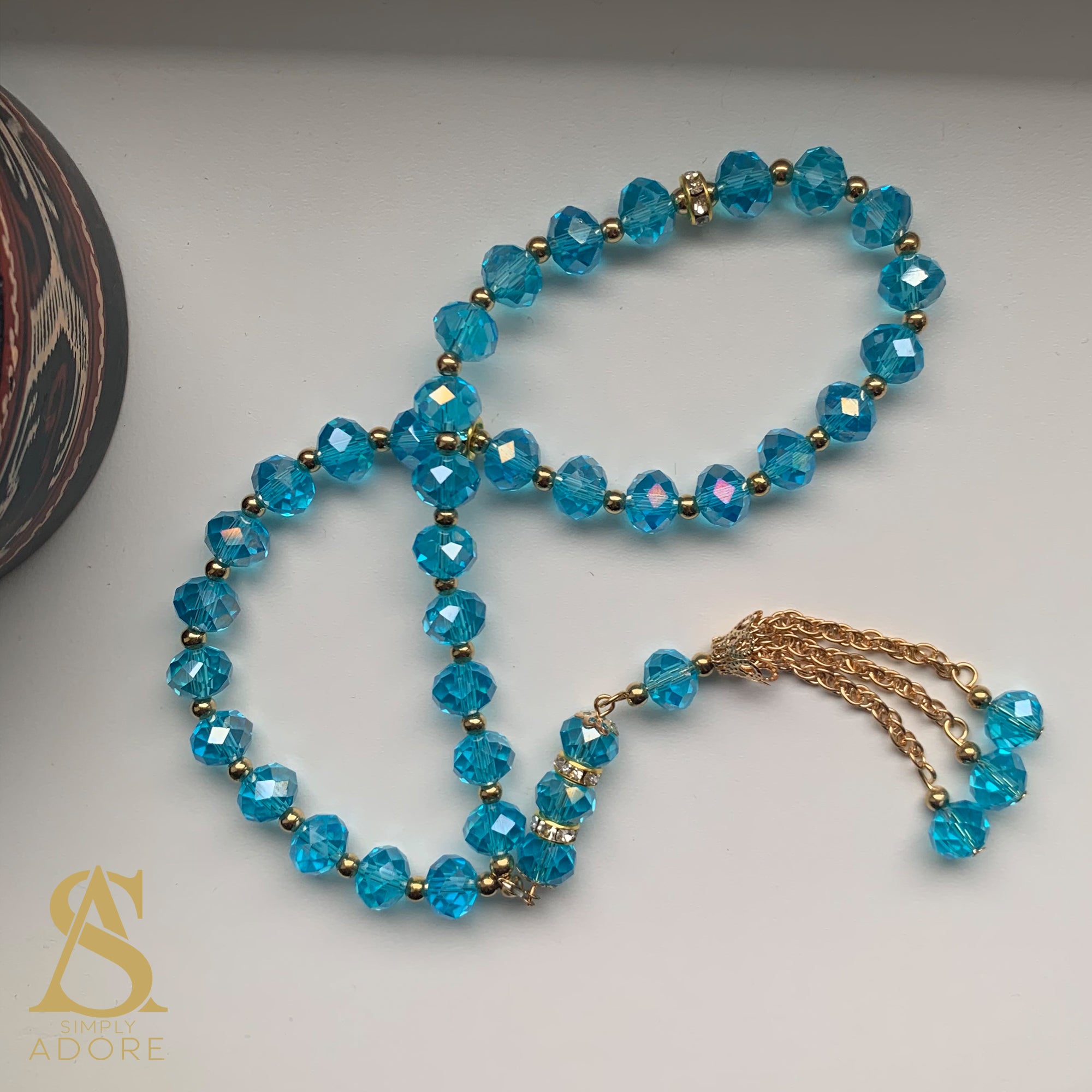 Sky Blue & Gold Crystal Tasbih 33 Bead Tasbih Islamic Prayer Beads Eid ...