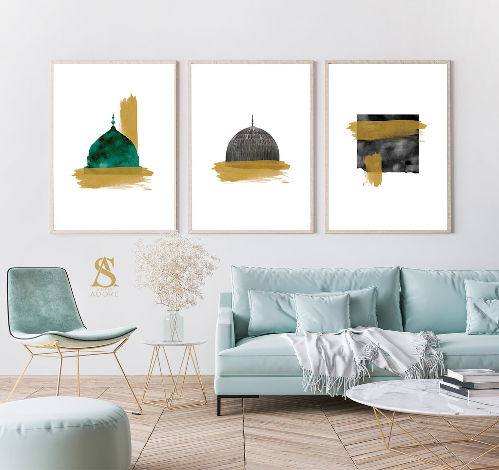 Set of 3 Minimalistic Watercolour Islamic Holy Places Masjid Haram Mas ...